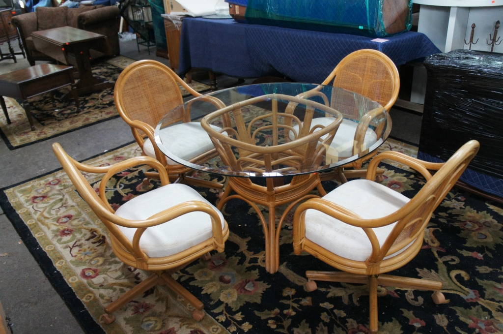 Rattan Table & 4 Cained Back Chair Set Breakfast Dining Patio Sun Porch ...