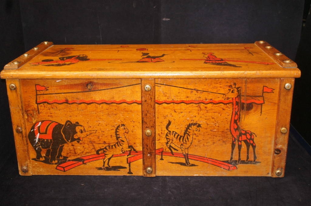 Vintage Mid Century Pine Circus Theme Western Toy Box Chest Trunk ...