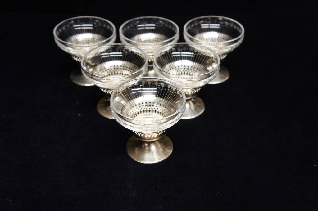 6 Antique Reticulated Sterling Silver Cut Glass Sherbet Dessert Bowls