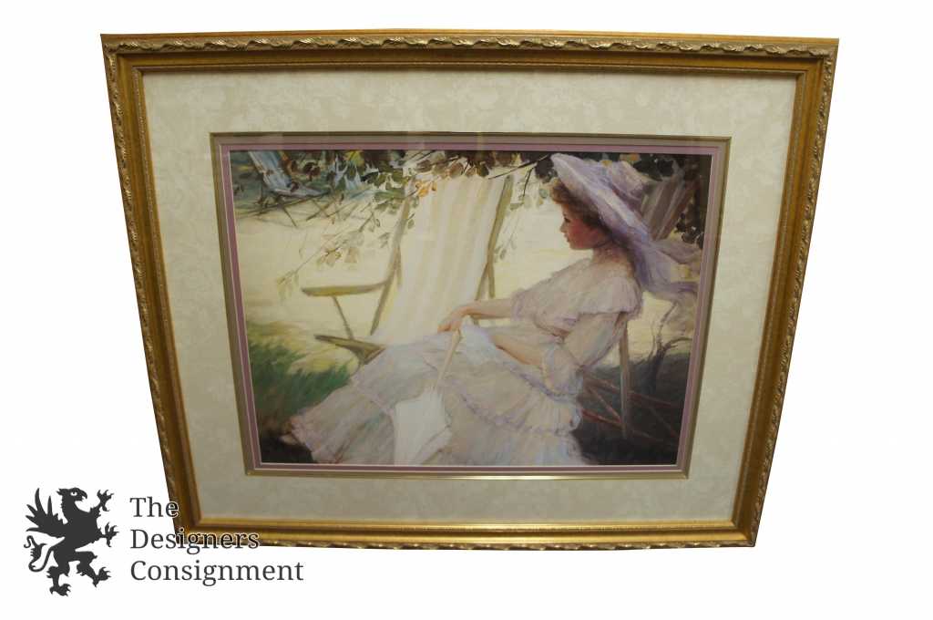 Lithograph Print Victorian Woman in Garden Chair Walking Whites with ...