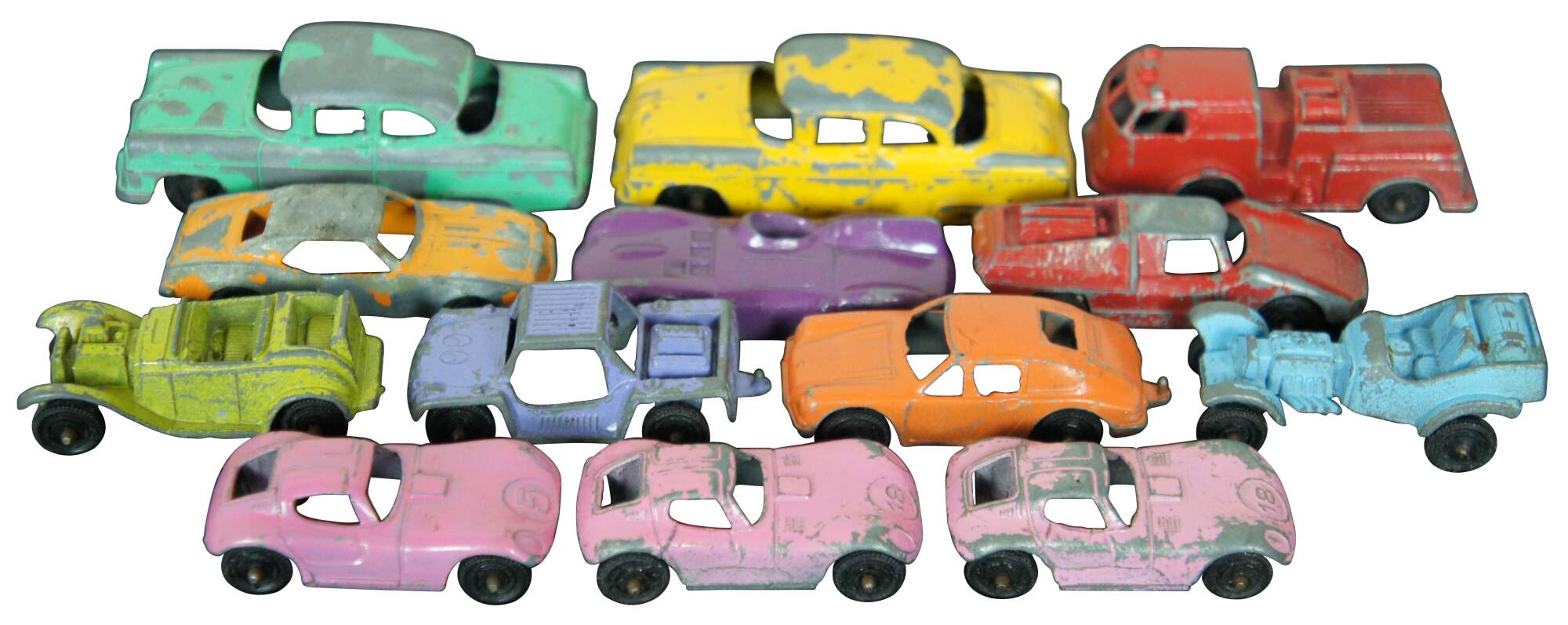 13 Vintage Tootsie Toy Die Cast Metal Cars Trucks Taxi Fire Engine Racecars 13-vintage-tootsie-toy-die-cast-metal-cars-trucks-taxi-fire-engine-racecars