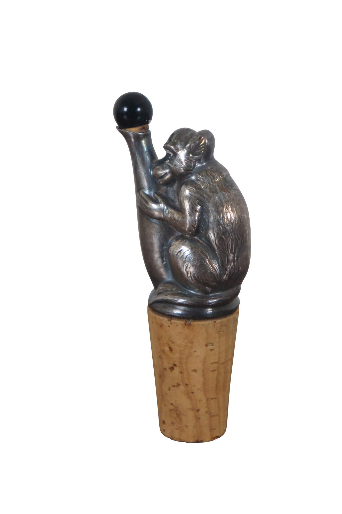 Vintage Alpaca Mexican Silver Monkey Cork Wine Bottle Stopper & Pour