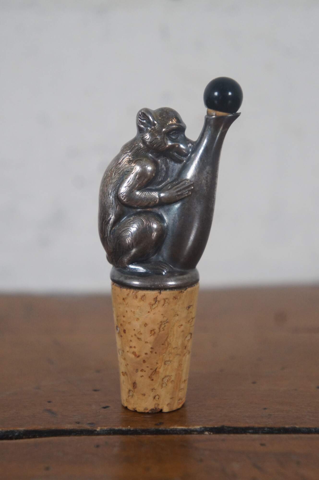 Vintage Alpaca Mexican Silver Monkey Cork Wine Bottle Stopper & Pour