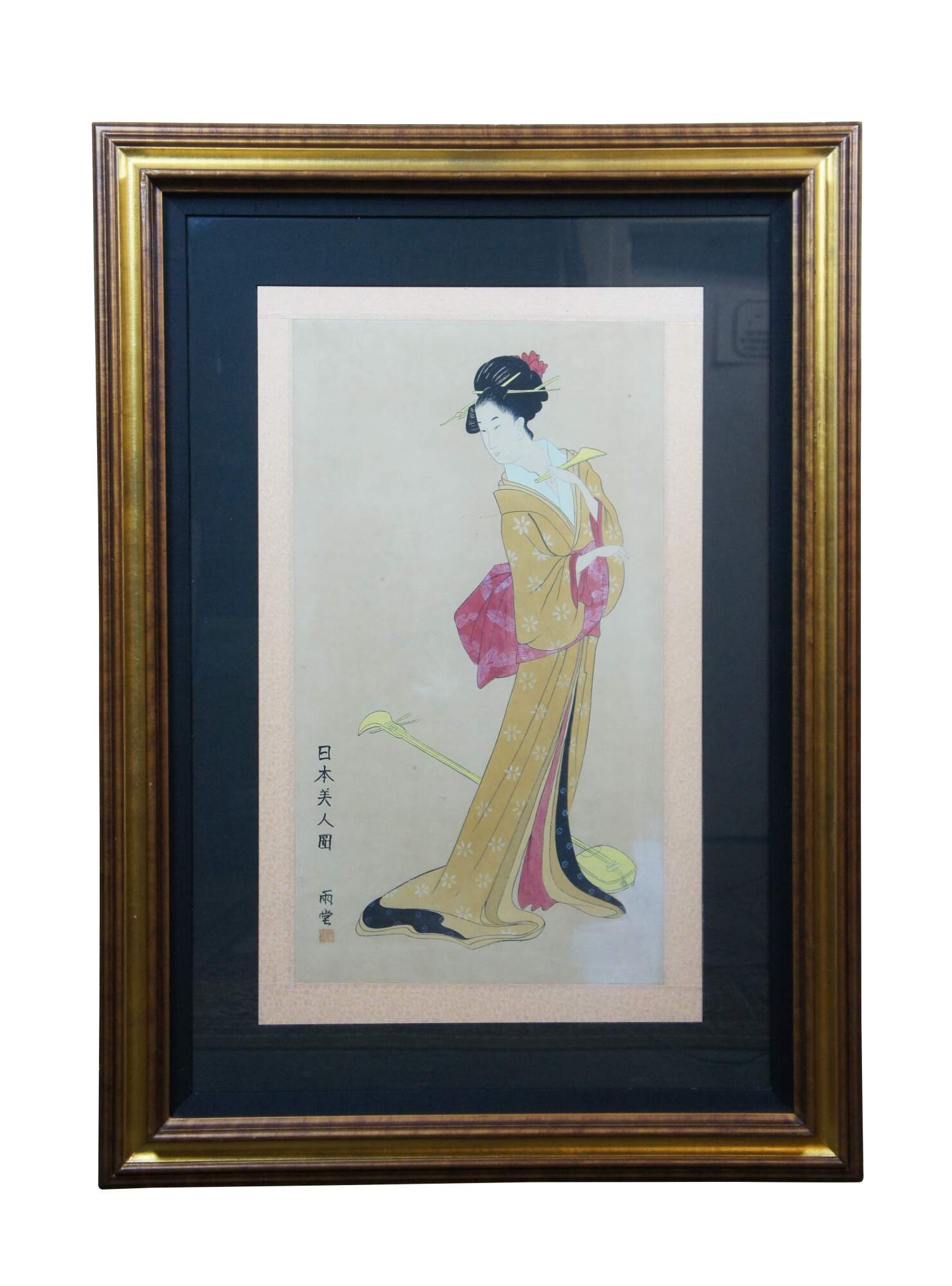 2 Japanese Ukiyo-e Geisha Woodblock Prints After Eishi & Utamaro 43"