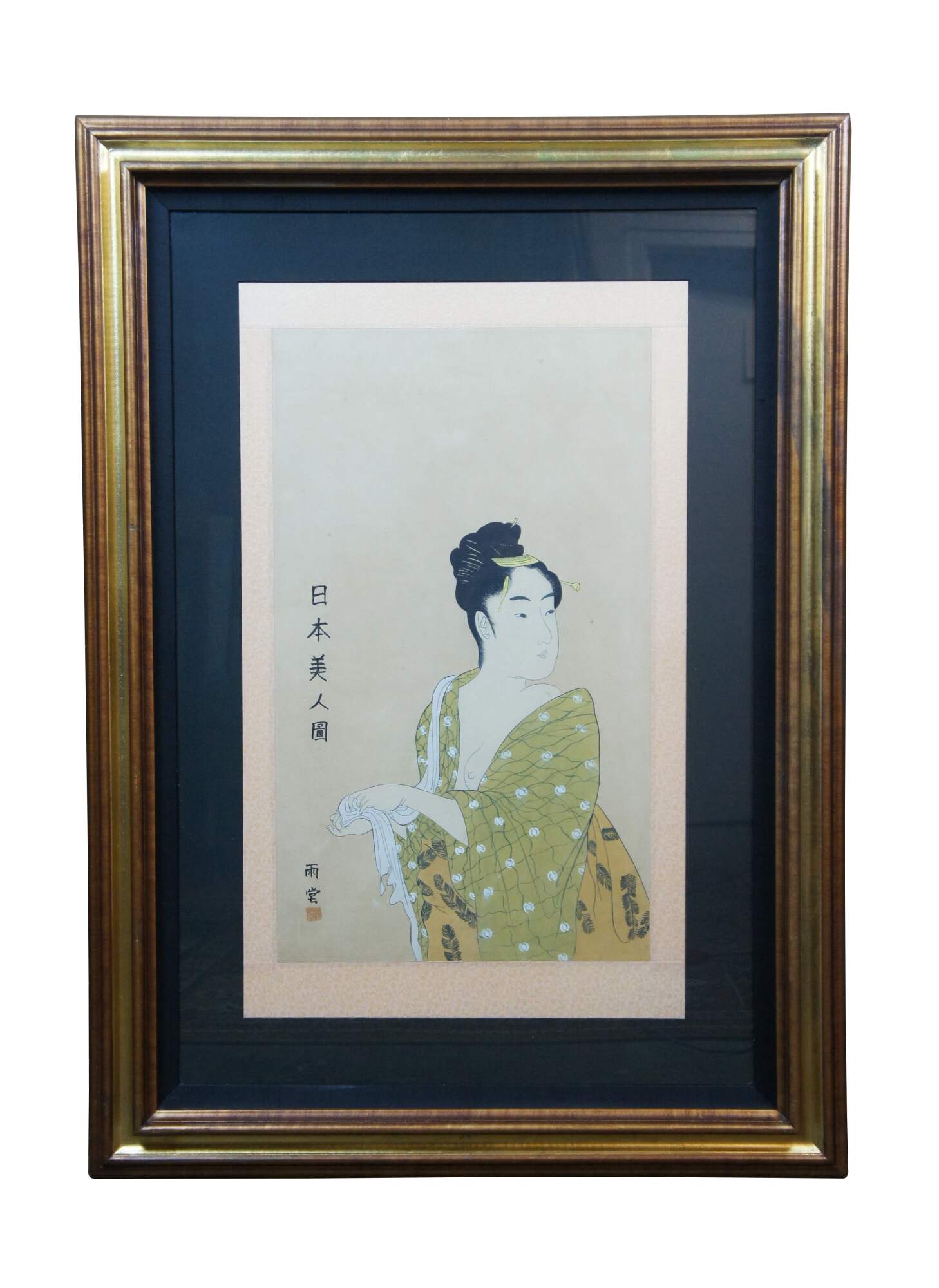 2 Japanese Ukiyo-e Geisha Woodblock Prints After Eishi & Utamaro 43"
