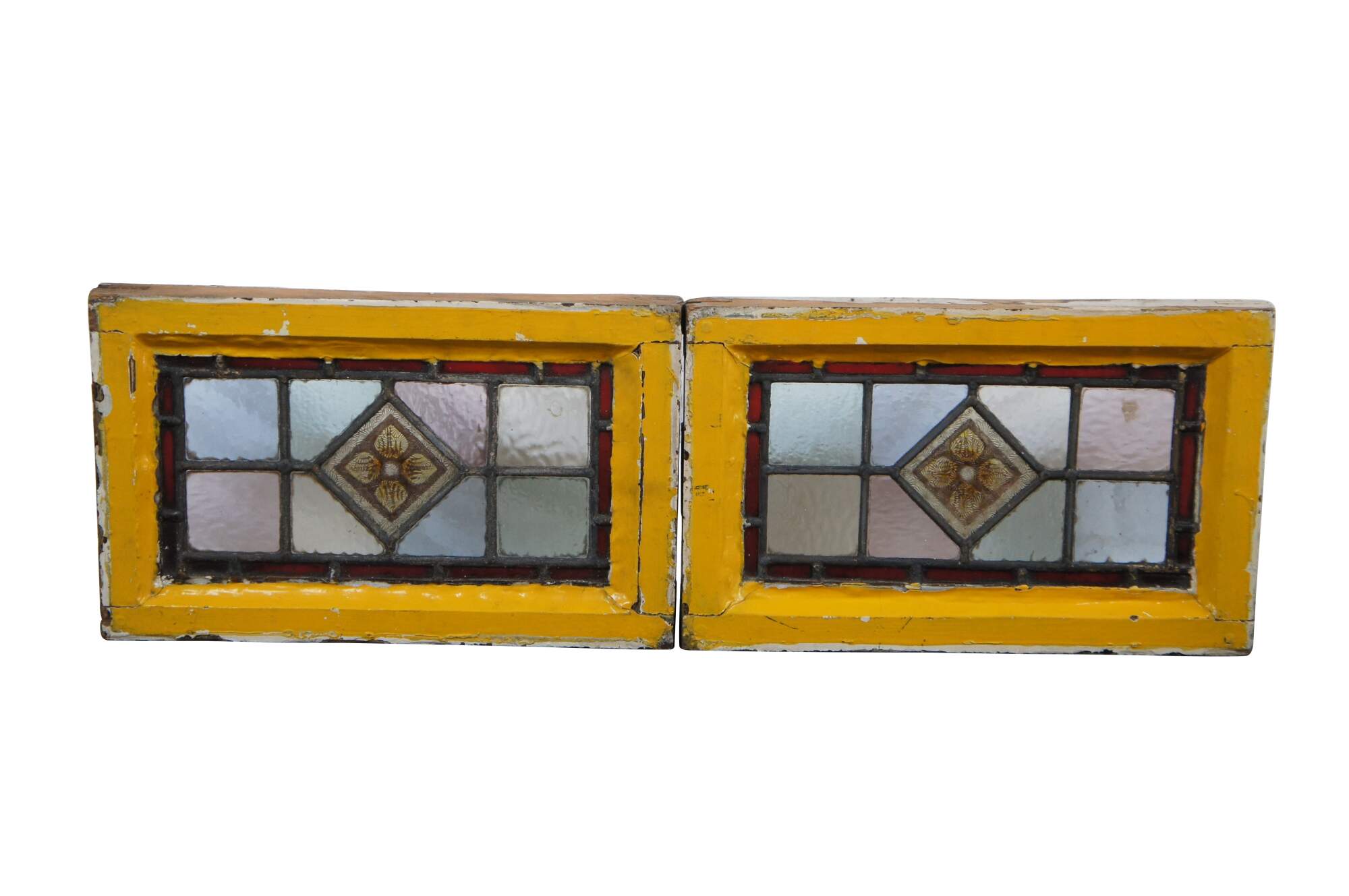 Pair of Antique English Victorian Leaded Stained Glass Reclaimed Window ...