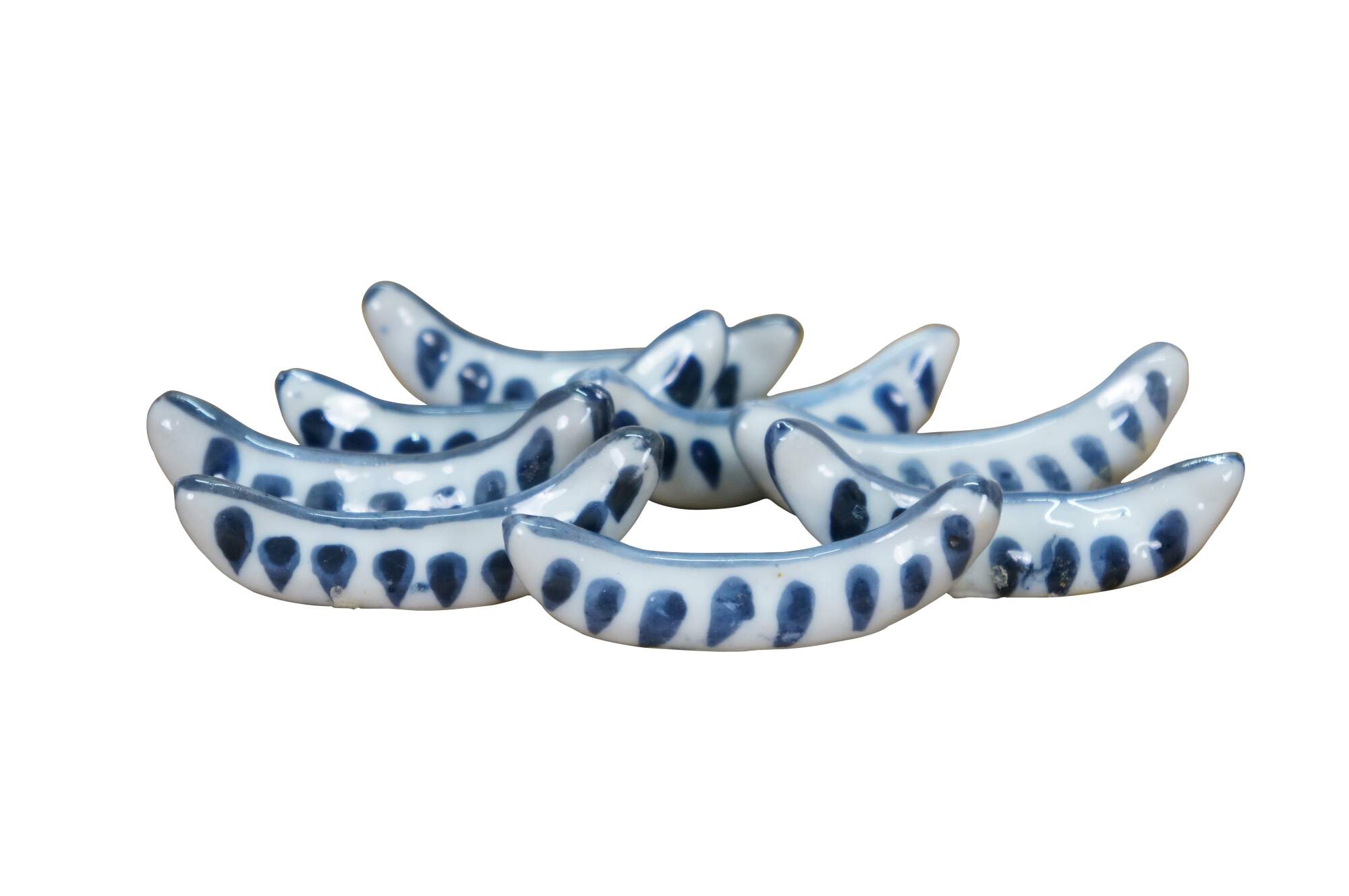 8 Blue & White Porcelain Pea Pod Chopstick Knife Rests 2.25"