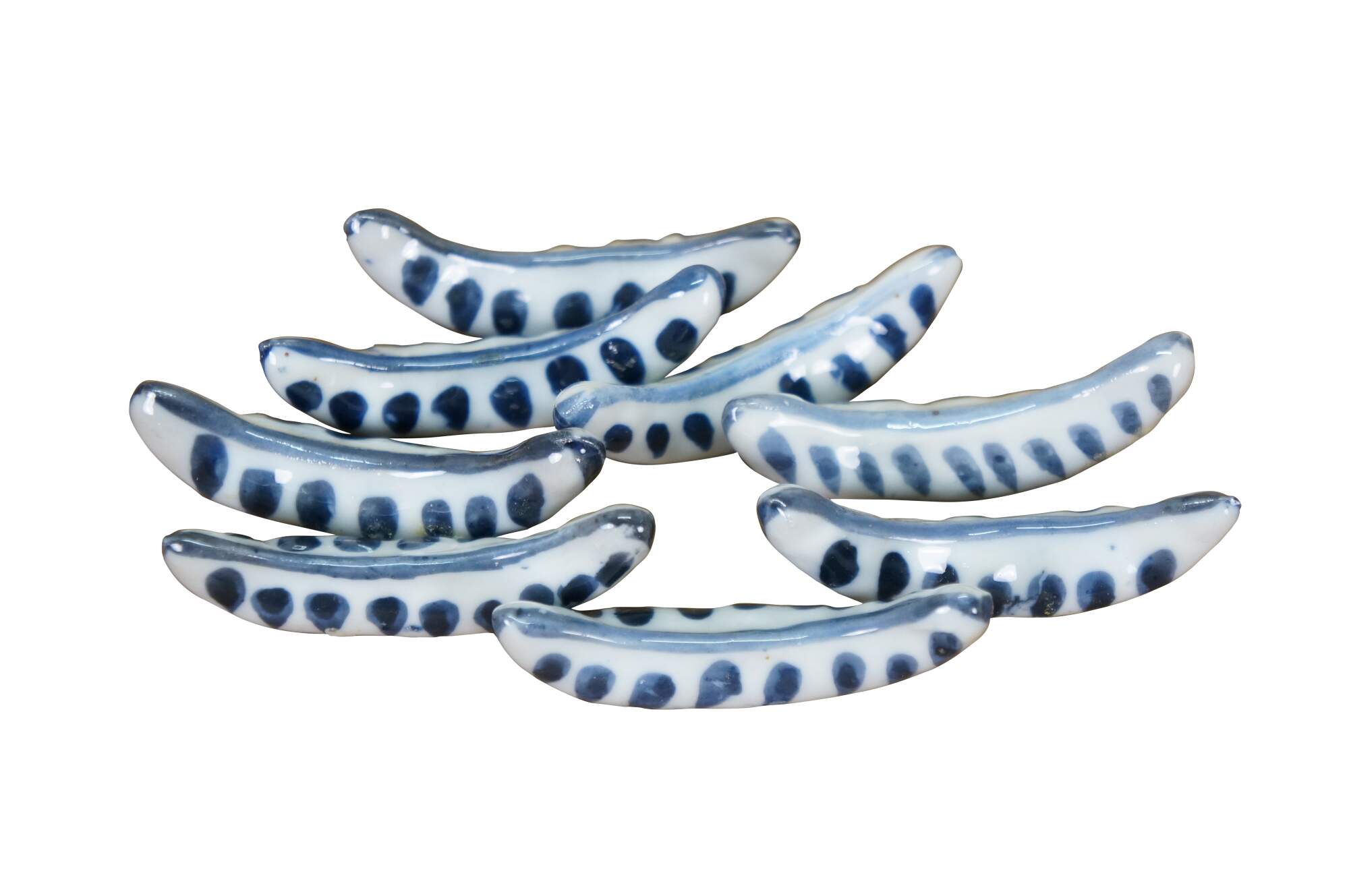 8 Blue & White Porcelain Pea Pod Chopstick Knife Rests 2.25"