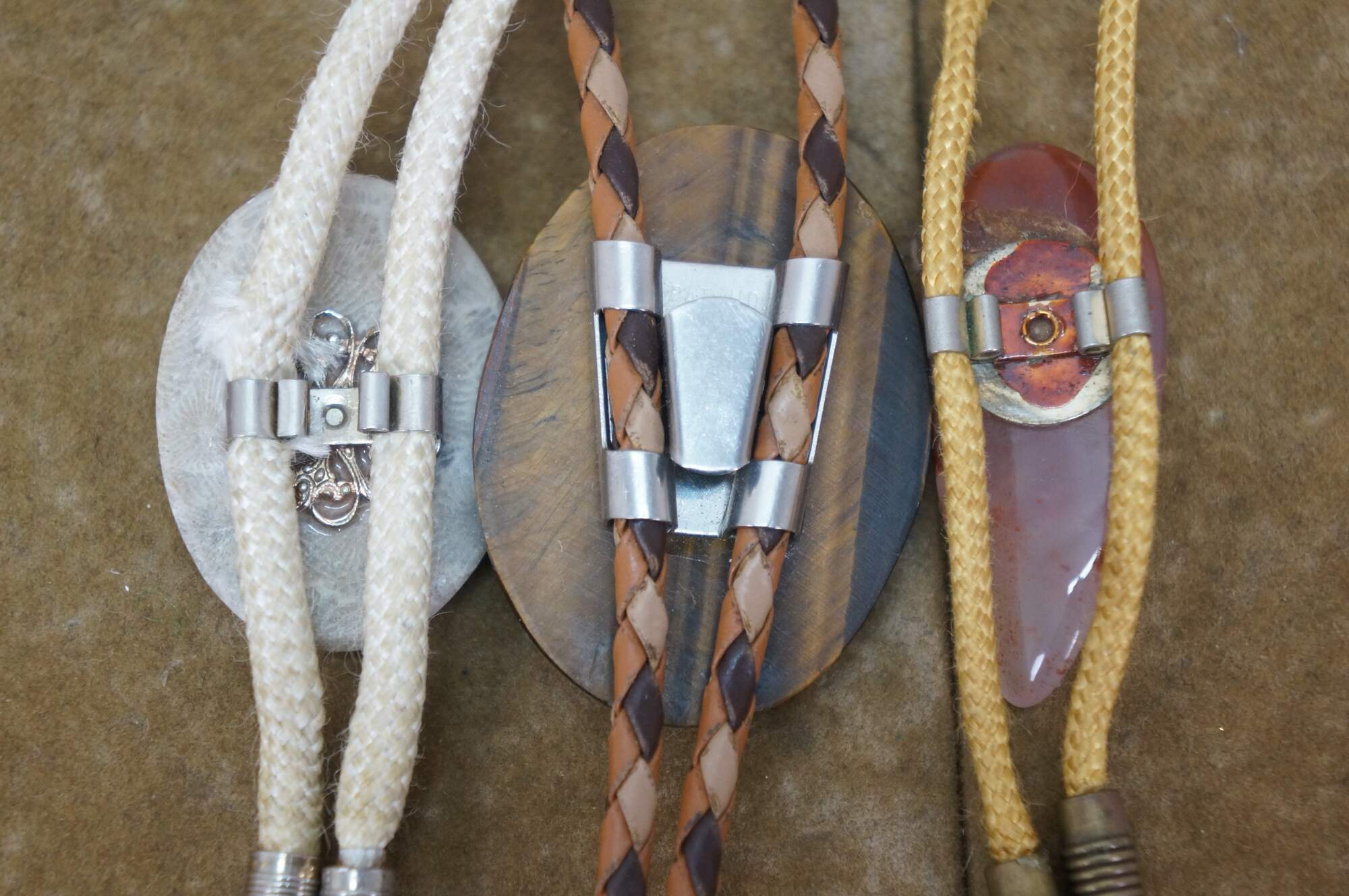 3 Southwestern Tiger's Eye Petoskey Red Moss Agate Gemstone Bolo Ties